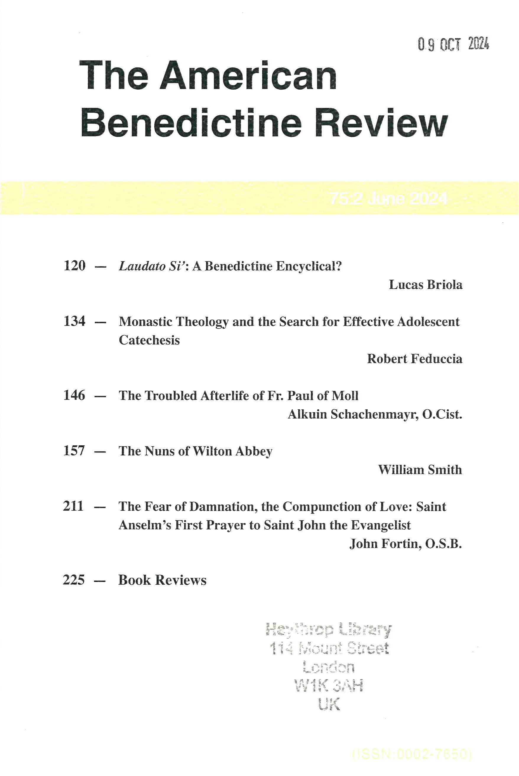 Our journals : American Benedictine review – Heythrop Library